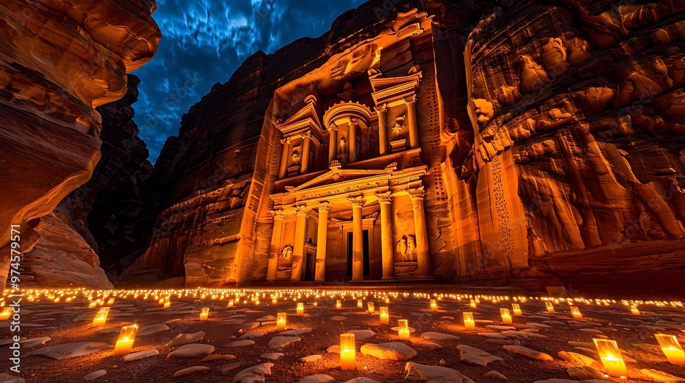 The ancient Petra Treasury illuminated by candlelight at night, with ...