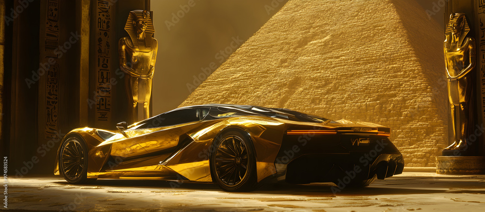 Golden luxury car in front of Egyptian pyramid and Sphinx statue Stock ...
