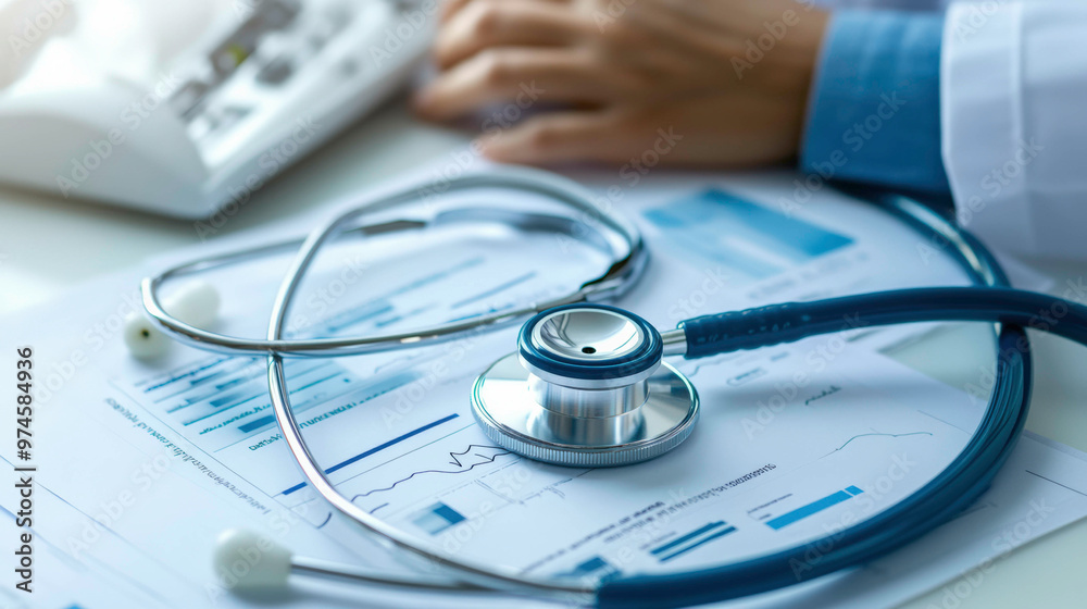 A close-up of a stethoscope resting on medical reports and charts on a ...