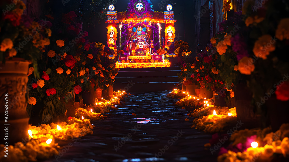 un colorido altar de muertos de noche con un camino iluminado con ...