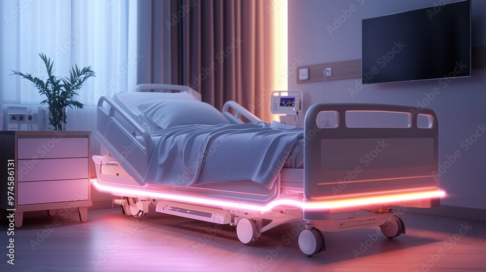 Medical IoT sensors glowing subtly on a hospital bed frame in a clean ...