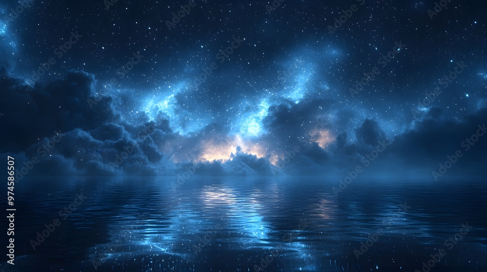 Fantasy night sky filled with twinkling stars and faint clouds swirling ...