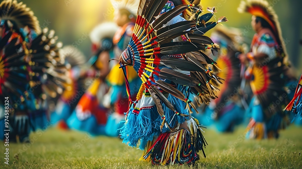 A Native American powwow, with dancers in full regalia performing ...