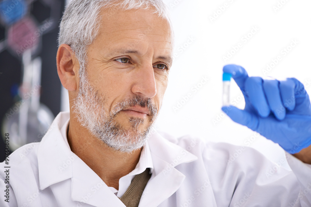 Science, man and vial in lab for experiment, chemical development and ...