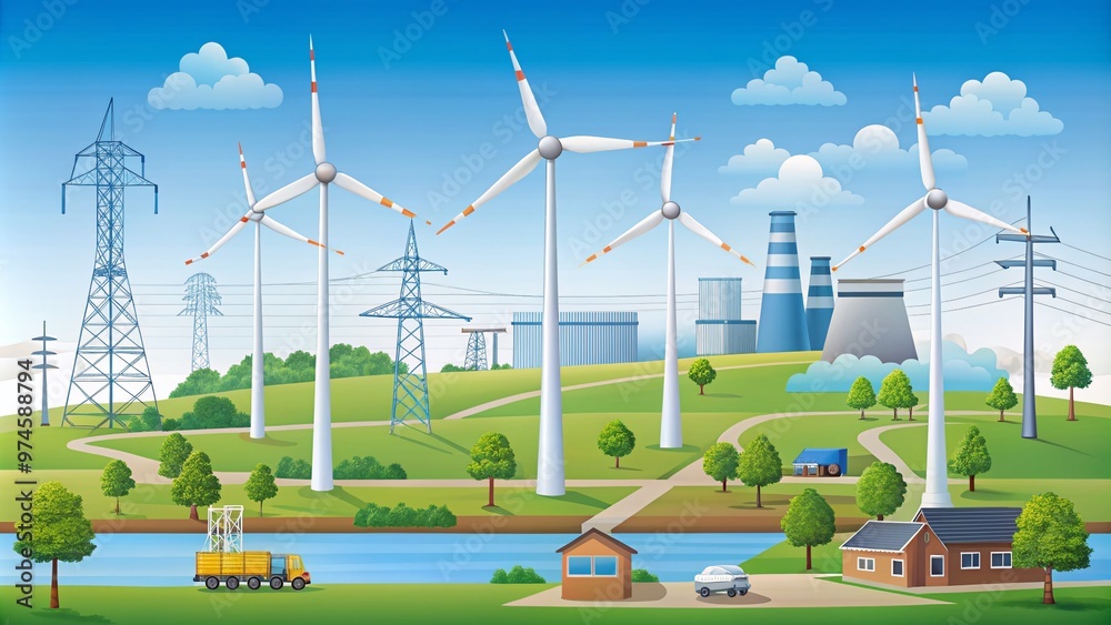 Illustrated diagram showcasing the process of wind energy production ...
