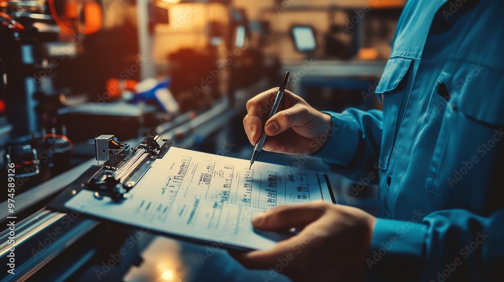 Engineer holding a checklist and marking products on an assembly line ...