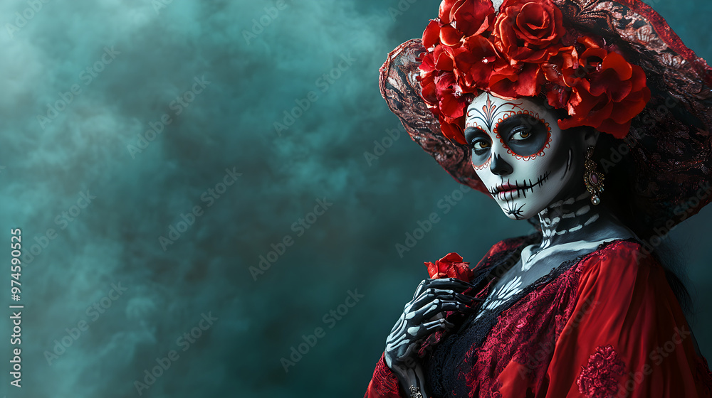 un fondo azul con espacio de copia con una mujer vestida y maquillada ...
