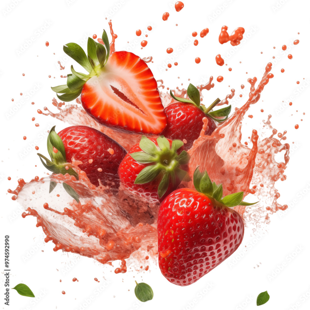 Exploding strawberries with green leaves on a transparent background ...