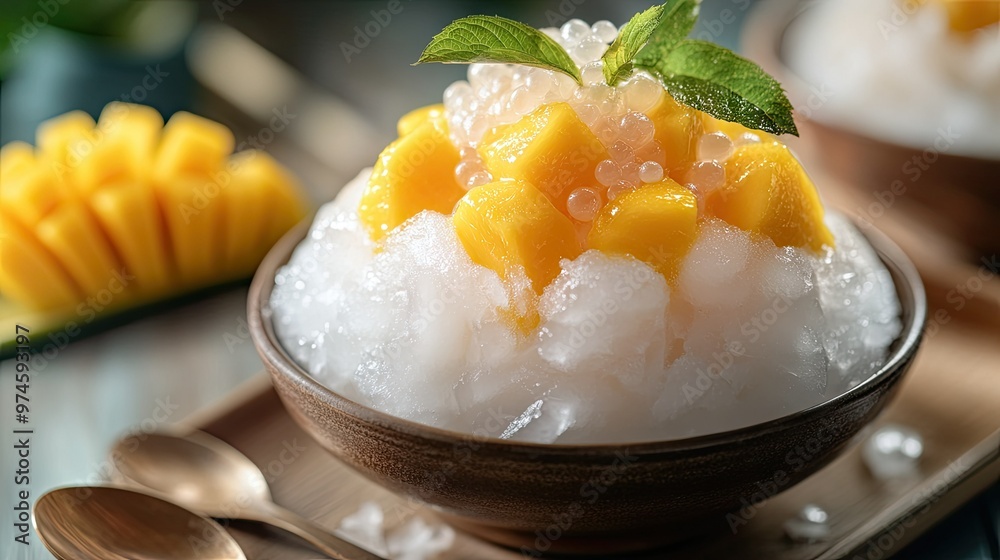 Shaved ice dessert topped with fresh mango slices, tapioca pearls, and ...
