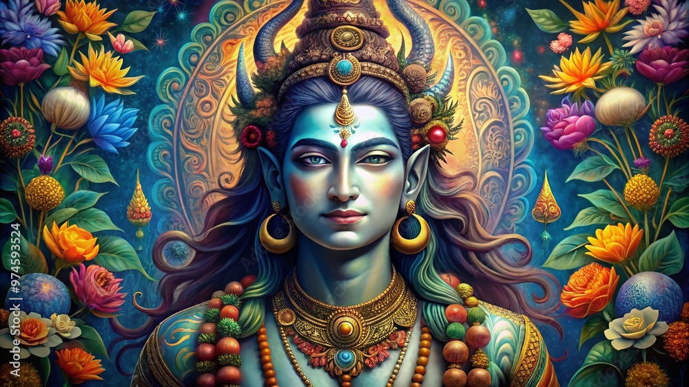 Intricate, ornate depiction of Lord Shiva, Hindu deity, adorned with ...