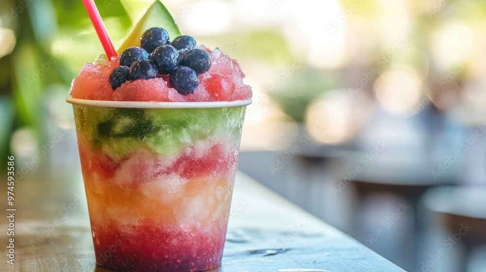 Shaved ice in a paper cup, with layers of watermelon, grape, and blue ...