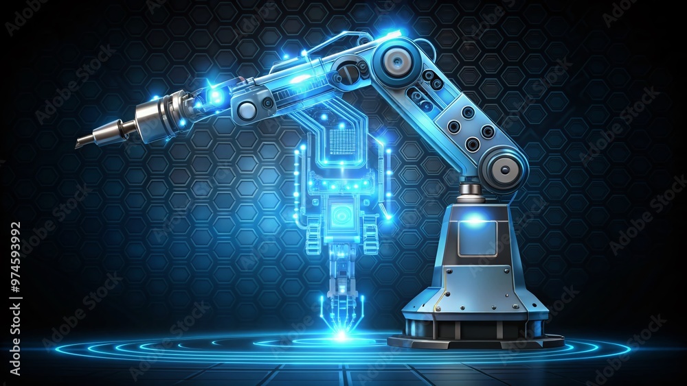 Isolated metallic industrial robot icon with glowing blue circuits and ...