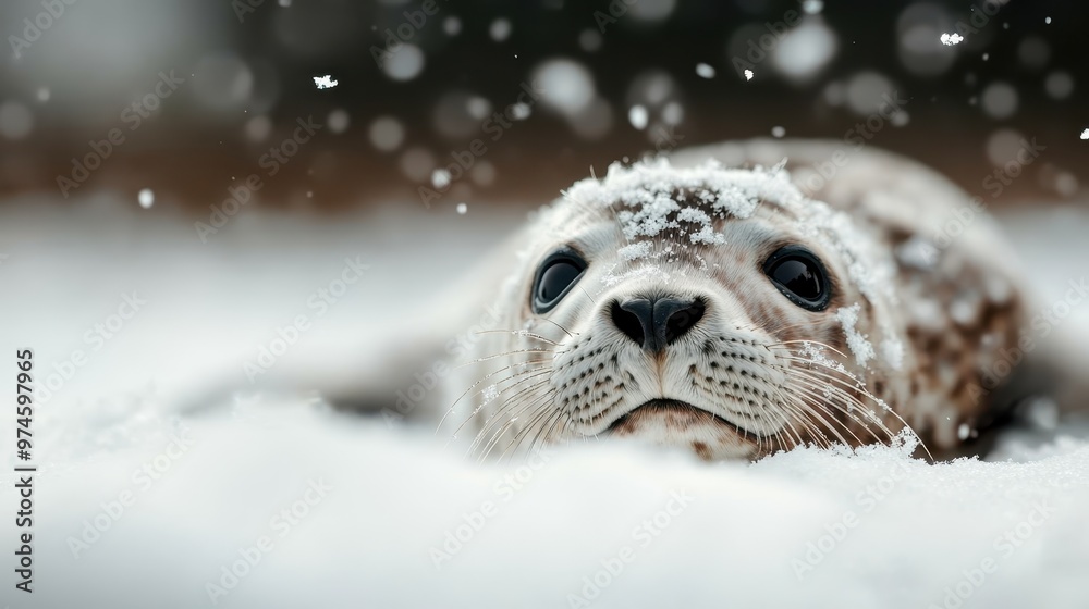 A close-up photograph of an adorable young seal lying on the snow with ...