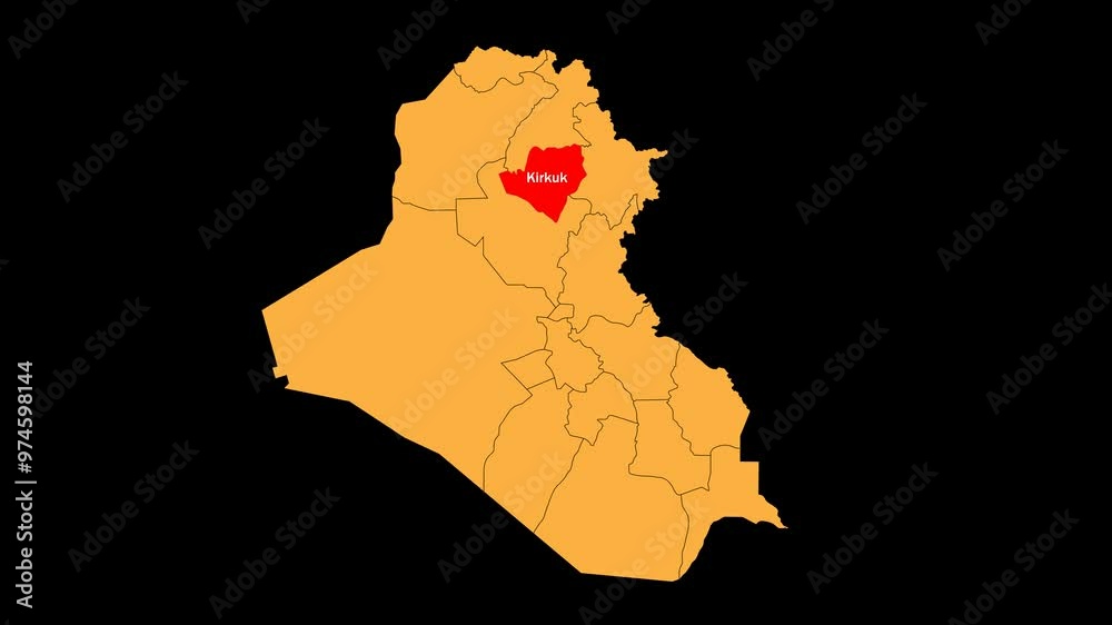 Kirkuk map animated video. The location is highlighted on the Iraq map ...