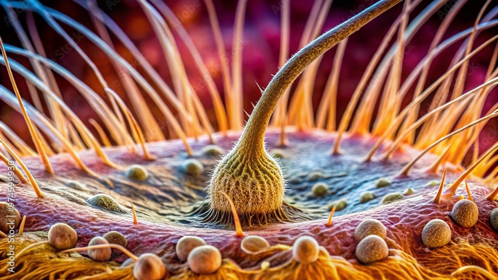 Macro shot of a single human hair follicle, showcasing the root, shaft ...