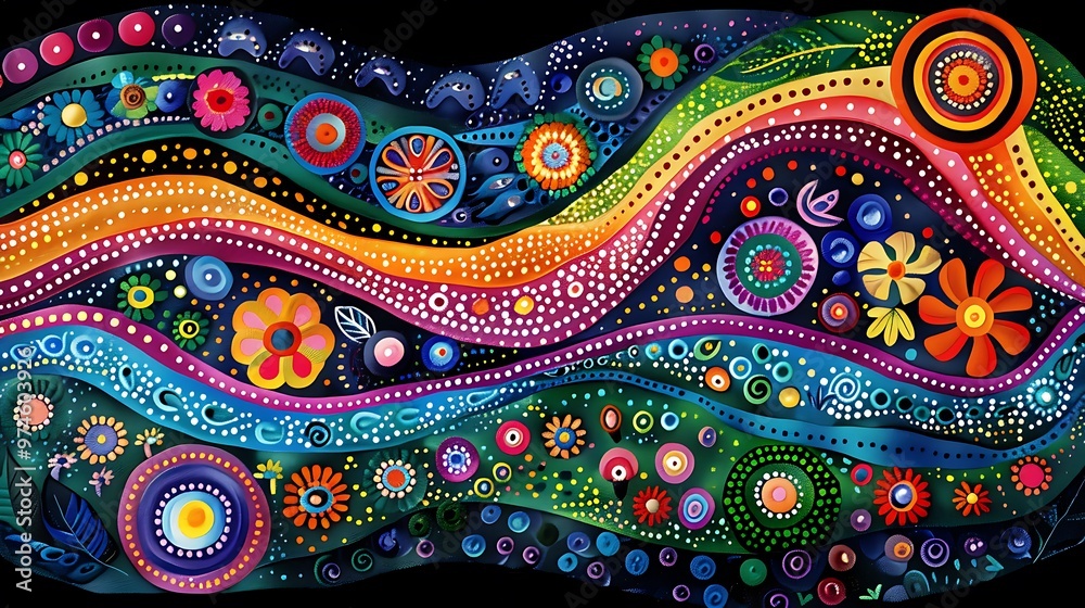 An Aboriginal dreamtime painting, with intricate dot patterns that tell ...