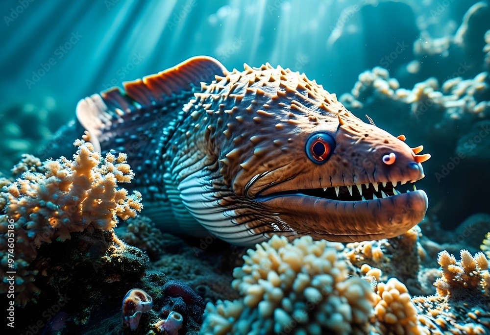 Moray eel lurking among coral reefs, showcasing its sharp teeth and ...