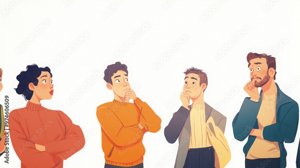 An illustration featuring 6-10 minimalist characters, each pondering ...