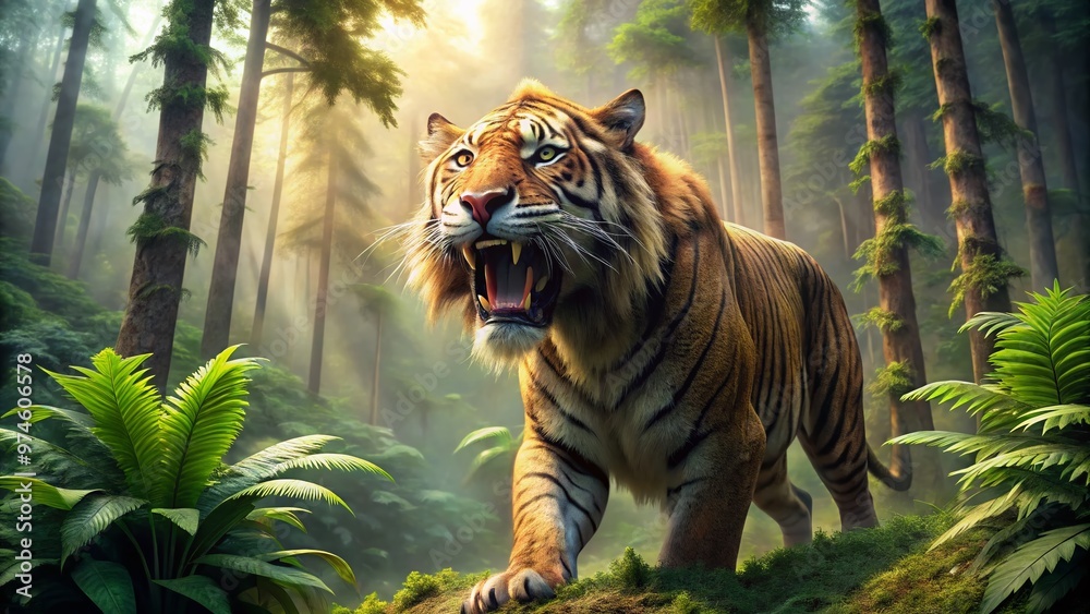 Majestic prehistoric predator, a powerful sabertooth tiger with razor ...