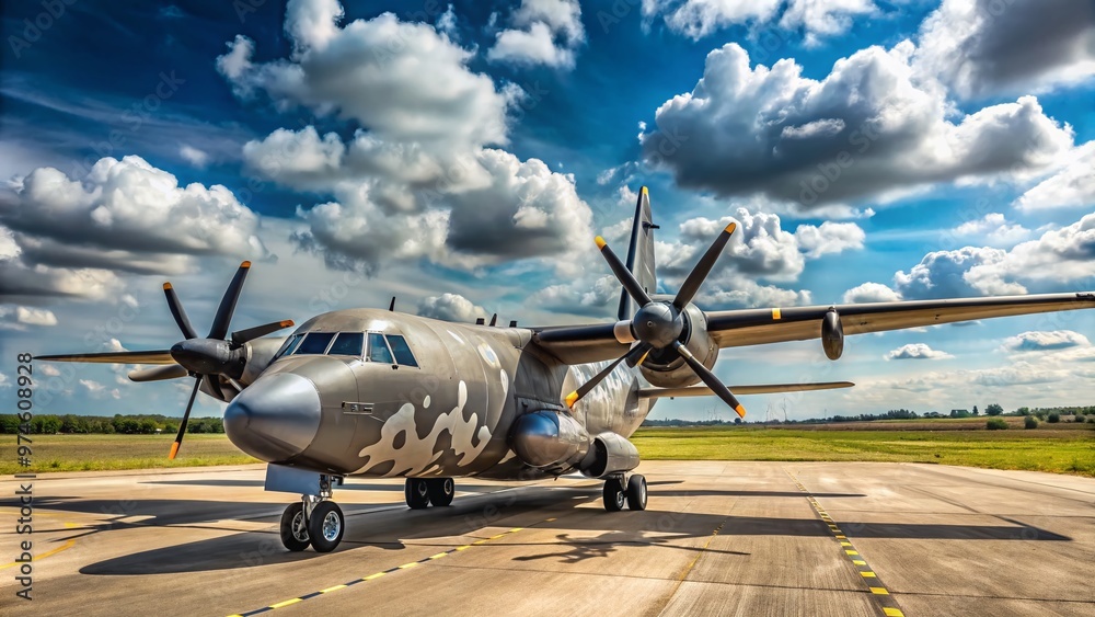 Massive four-engine turboprop aircraft with gray camouflage livery and ...