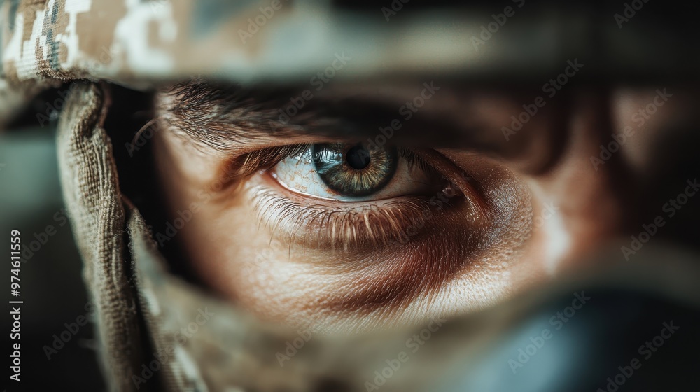 Focused intensely through his camouflage gear, the soldier's sharp eye ...
