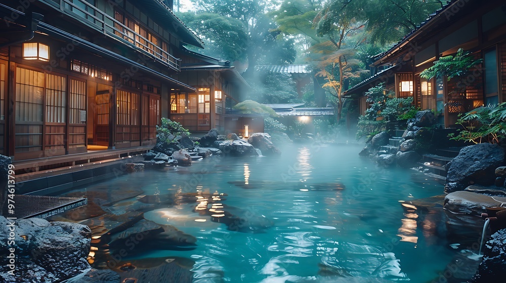 A traditional Japanese onsen bath set in a serene outdoor setting, with ...