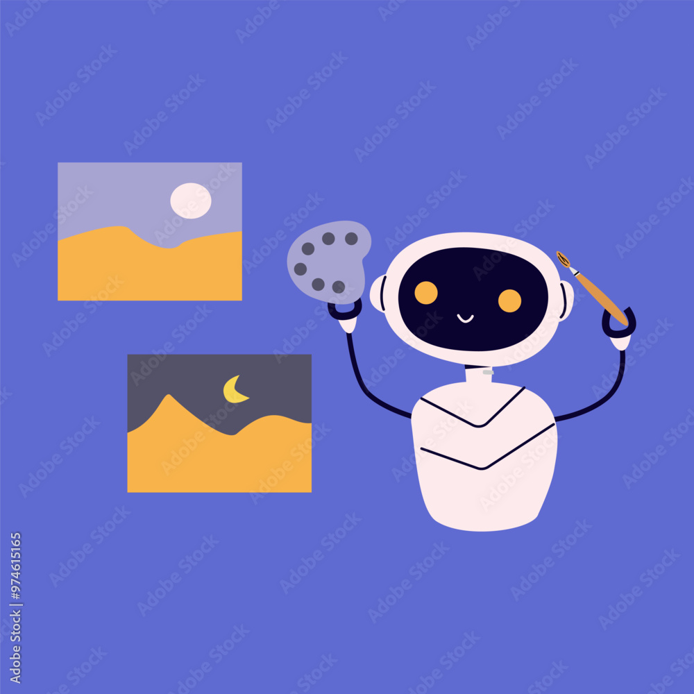 Ai robot drawing flat illustration. Artificial intelligence for create ...