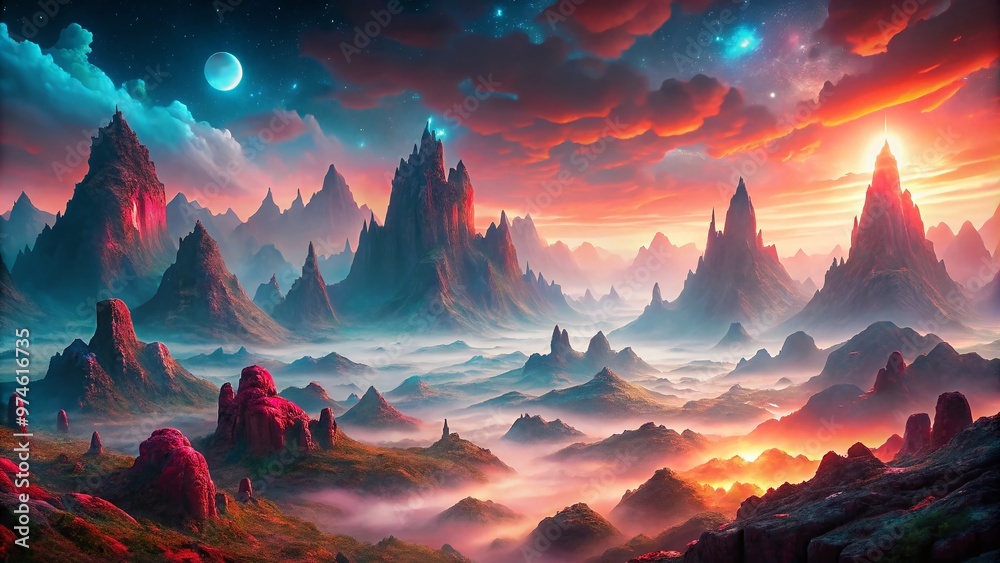 Otherworldly vista featuring iridescent mist, glowing crimson mountains ...
