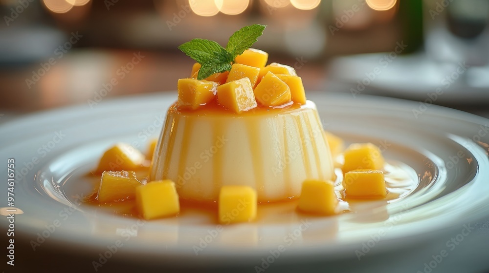 30. A beautifully plated dessert of mango pudding, featuring a silky ...