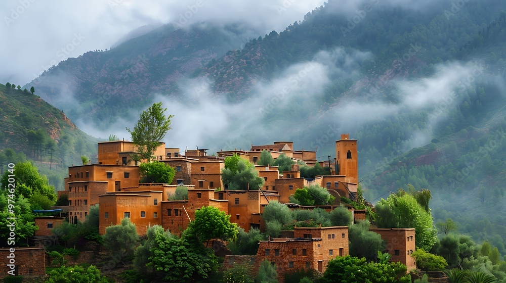 A traditional Berber village in the Atlas Mountains of Morocco, with ...
