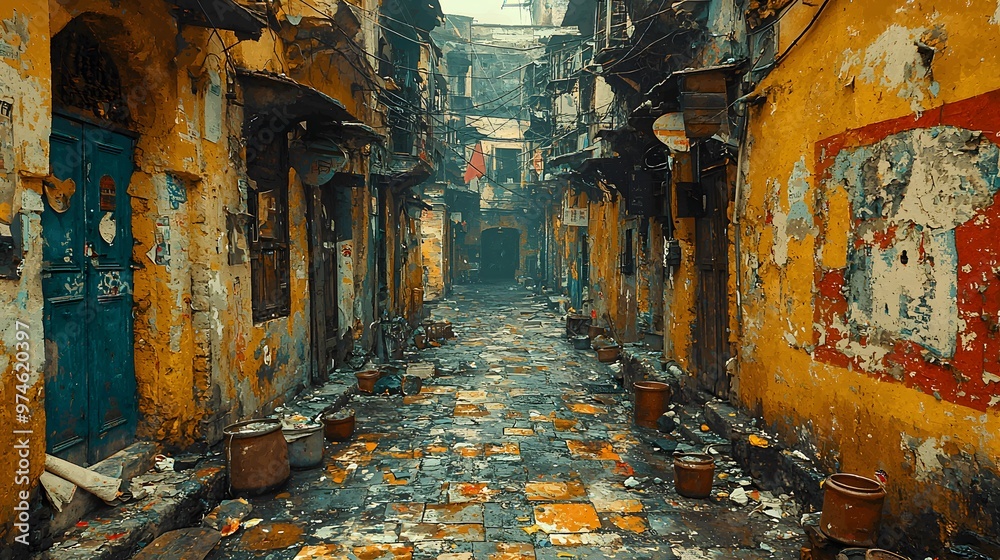 Narrow alleyway in an old slum, with worn-out buildings and faded ...
