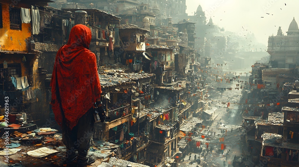 Crowded slum street, with rundown homes built closely together and ...