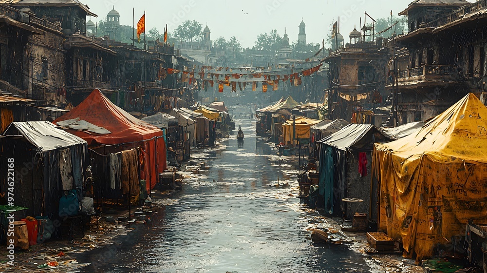 Old slum market with makeshift tents and stalls lined up along the ...
