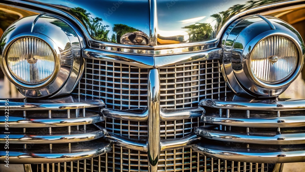 Retro chrome car grille with ornate details, curved lines, andrustic ...