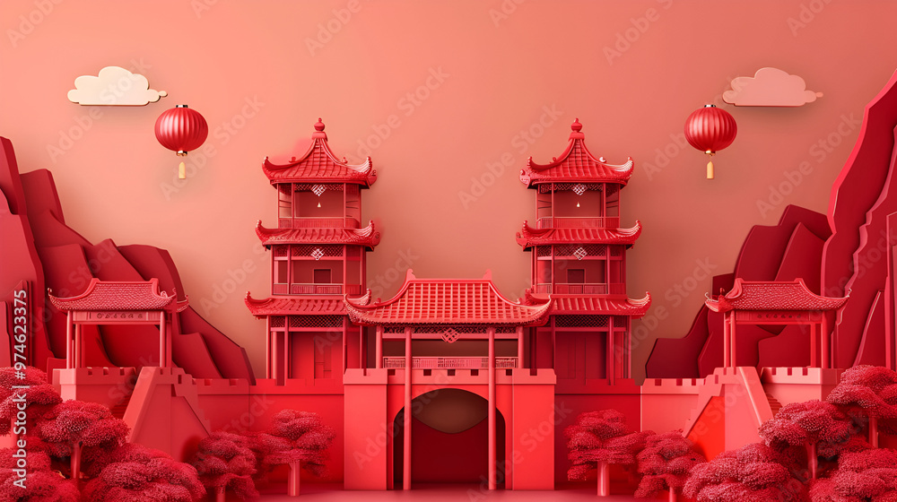 Traditional Chinese architecture with lanterns and trees in a red ...