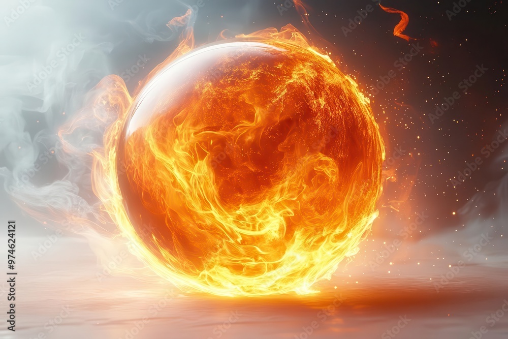 fiery sphere with intricate flame patterns intense orange and red hues against stark white ...