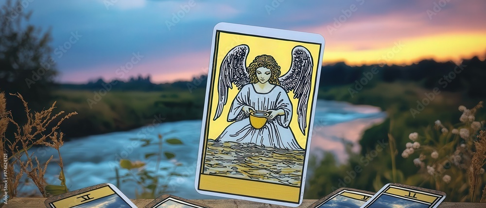 A mystical scene with the Temperance card highlighted in a Tarot spread ...