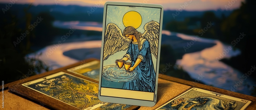 A mystical scene with the Temperance card highlighted in a Tarot spread ...