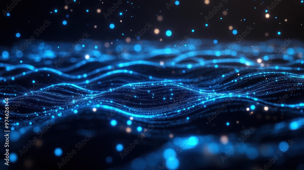 abstract digital network glowing blue nodes interconnected by pulsing energy lines floating ...