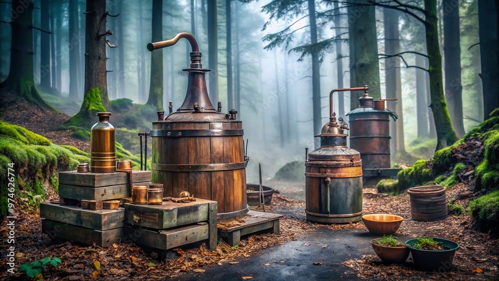 Rustic, mysterious, and abandoned, a vintage moonshine still sits in a ...