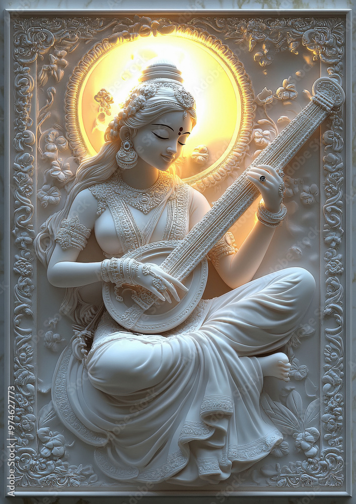 sculpture of Hindu goddess playing sitar, sitar is traditional music ...