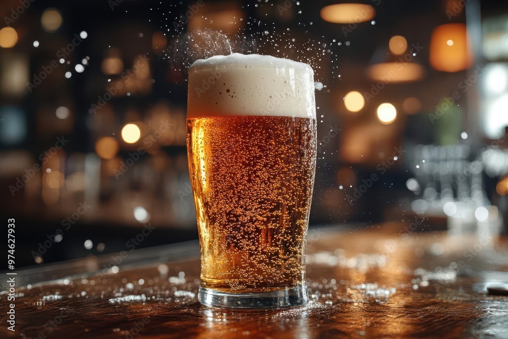 frosty beer being poured into glass pub ambiance golden liquid foamy ...