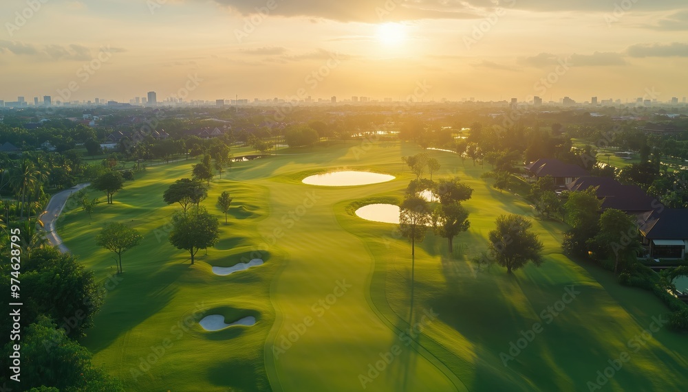 Stunning Aerial View Of Golf Course Landscape At Sunrise In Bangkok ...