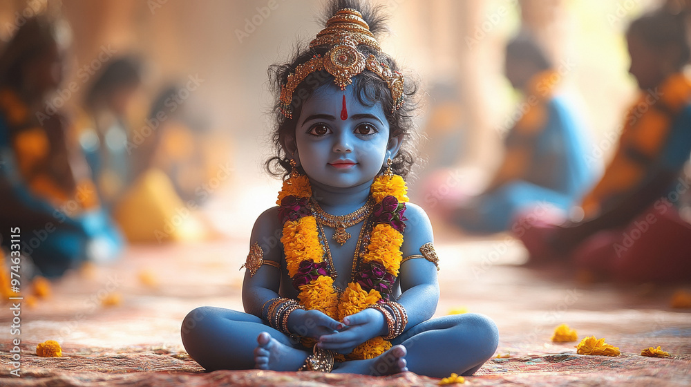 Cute little baby Krishna with blue skin on light background. Birthday ...