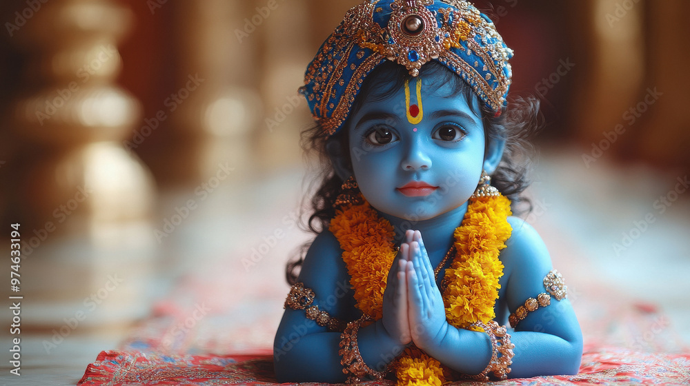 Cute little baby Krishna with blue skin on light background. Birthday ...