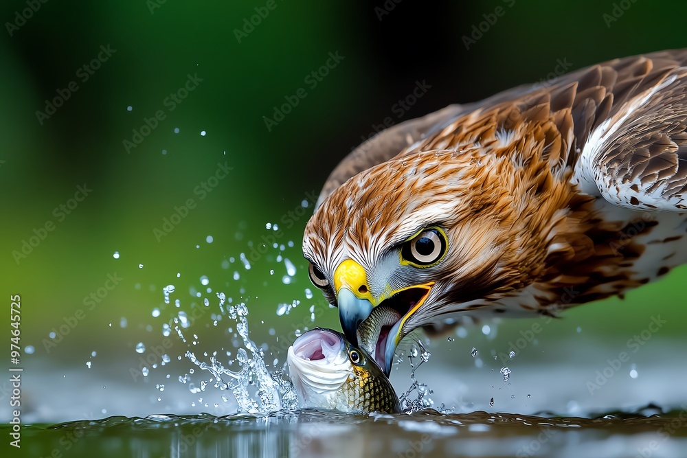 An intense moment where a hawk grabs a fish from a river, the splash of ...