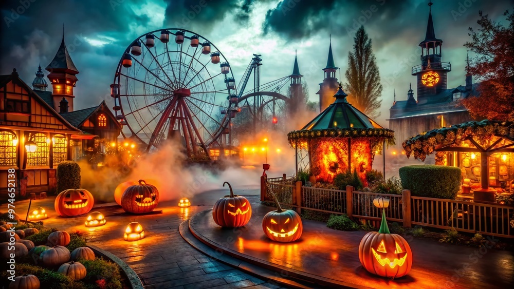 Spooky darkness envelops a eerie amusement park at night, with haunted ...