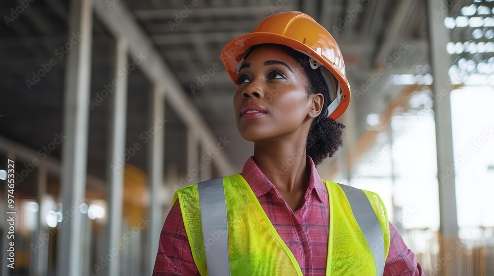 determined female construction worker surveying site hard hat and ...