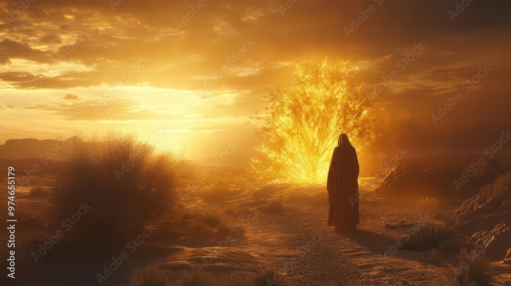 dramatic biblical scene depicting moses facing a luminous burning bush ...