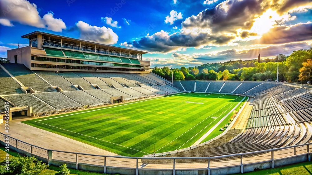 Sunny day at iconic college football stadium with lush green grass ...